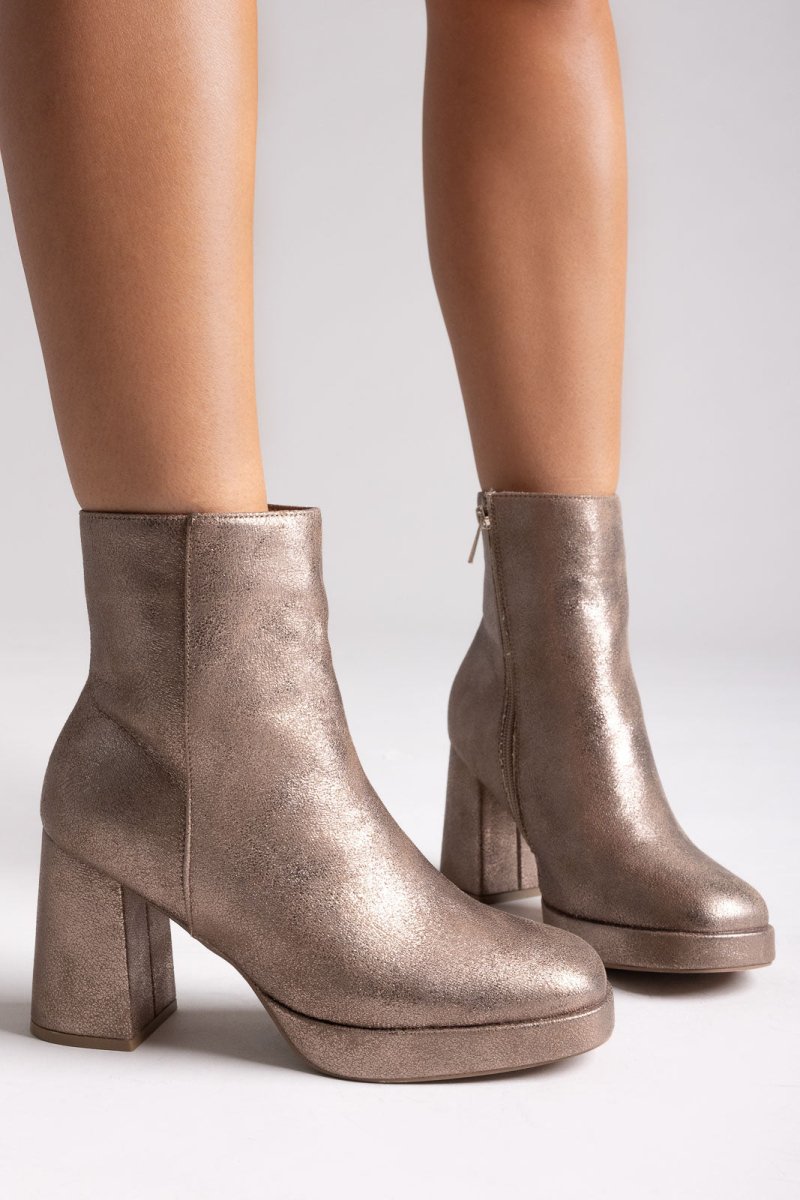 ERYNN Metallic Bronze Ankle Boots with Block Heel - Bronze Metallic ...